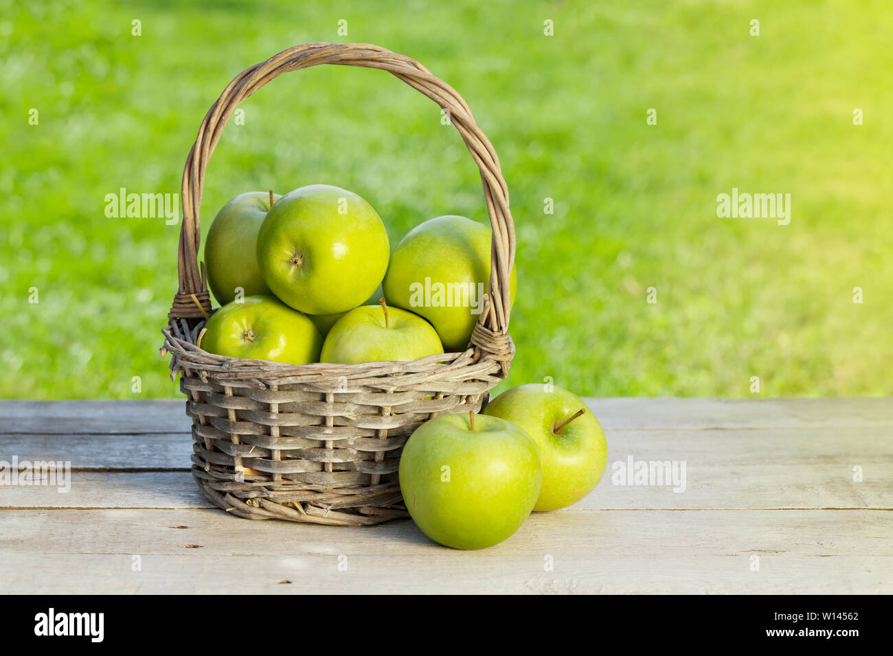 Fresh garden green apples in basket. On outdoor table with copy space ...