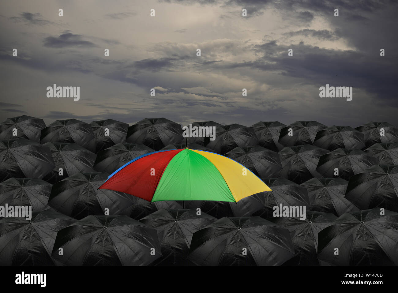 Colorful umbrella over many black umbrella in rainy season Stock Photo ...