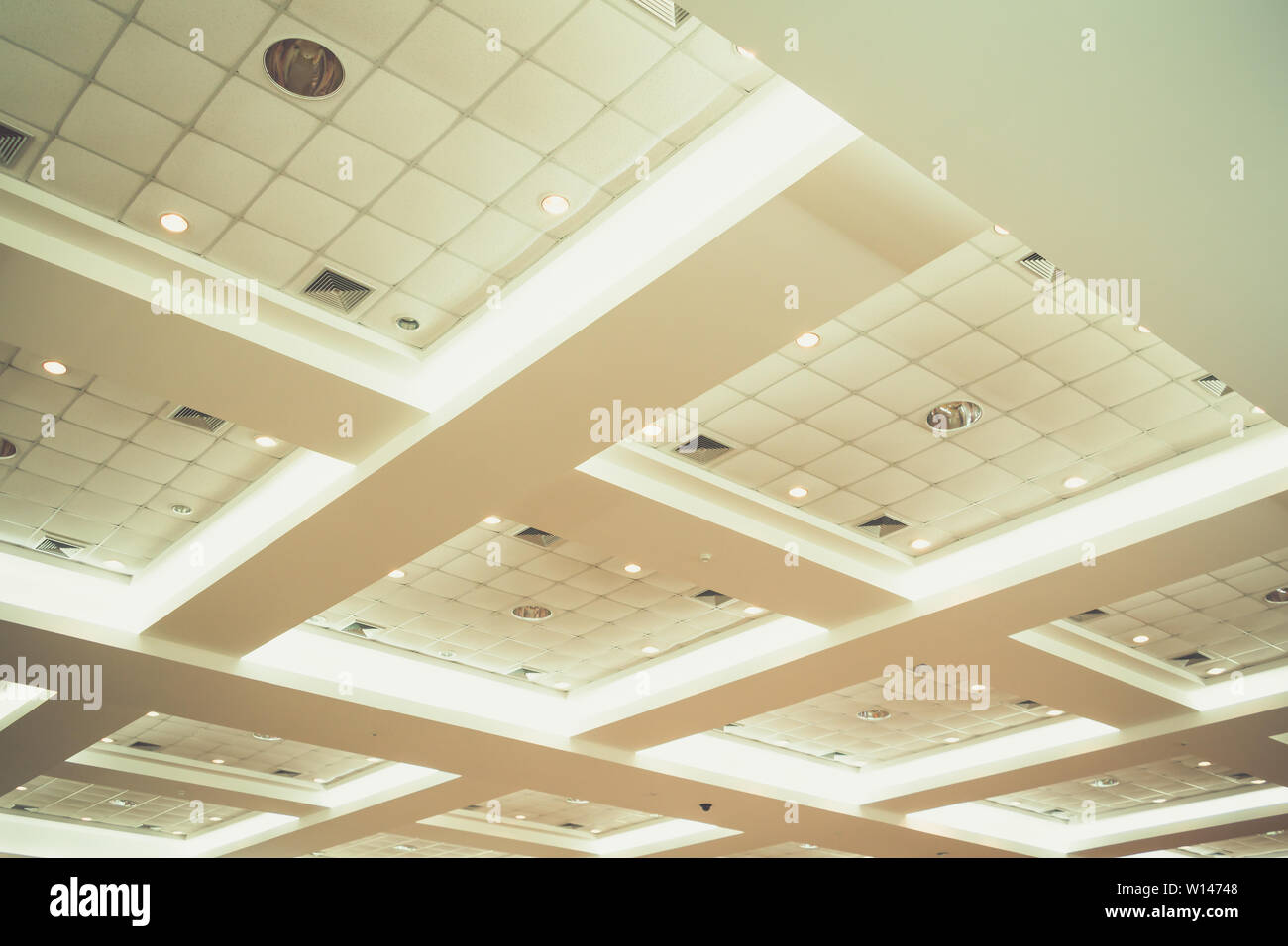 ceiling of business interior office building and light neon. vintage ...