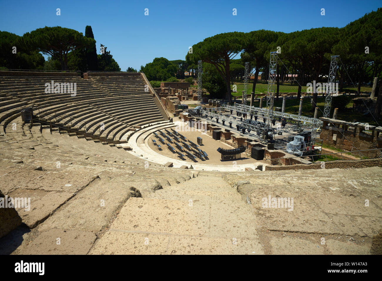 Ancient theatre at Ostia Antica ith a modern concert being setup Stock ...