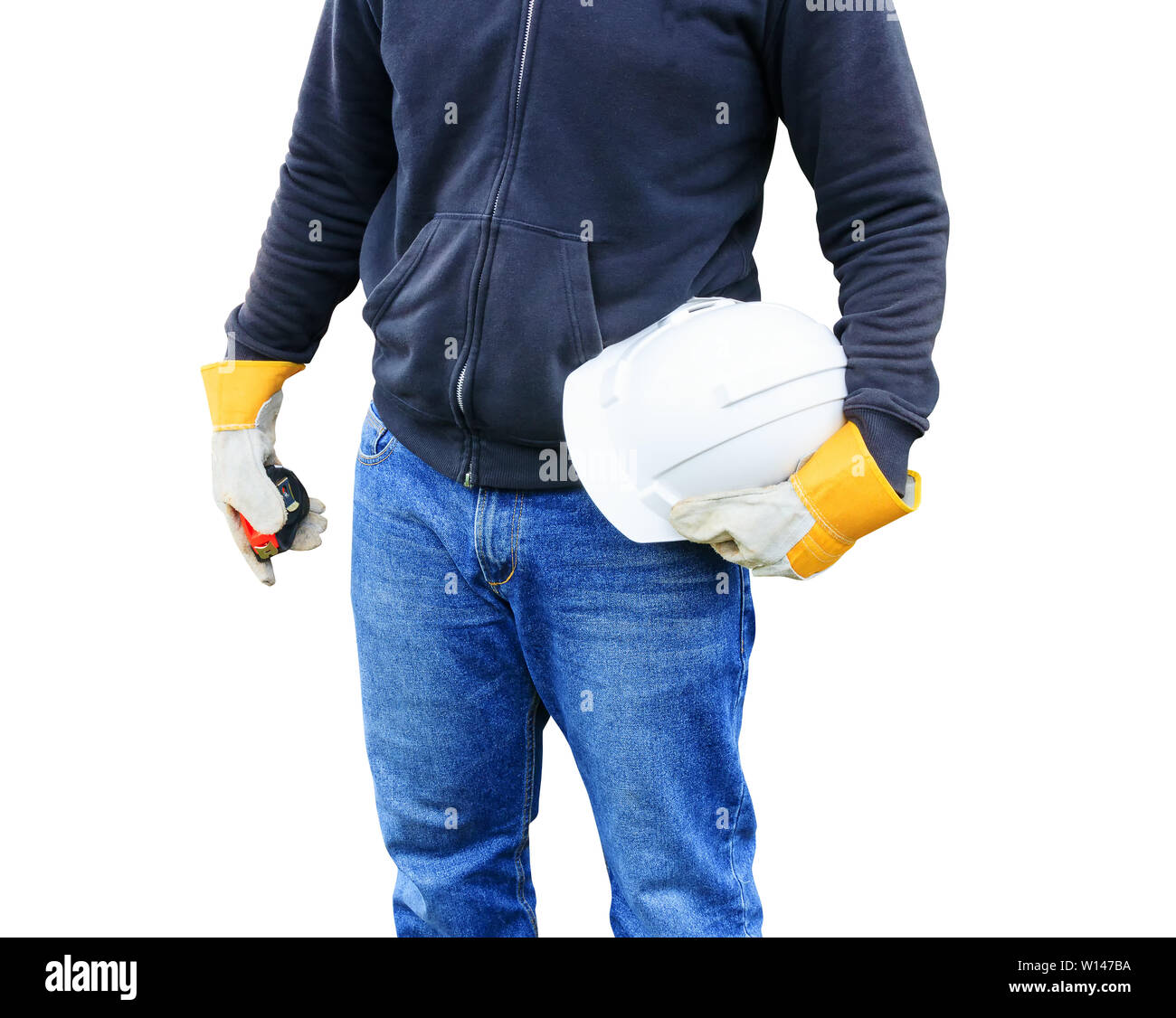 hand of engineering worker wear gloves holding white safety helmet ...