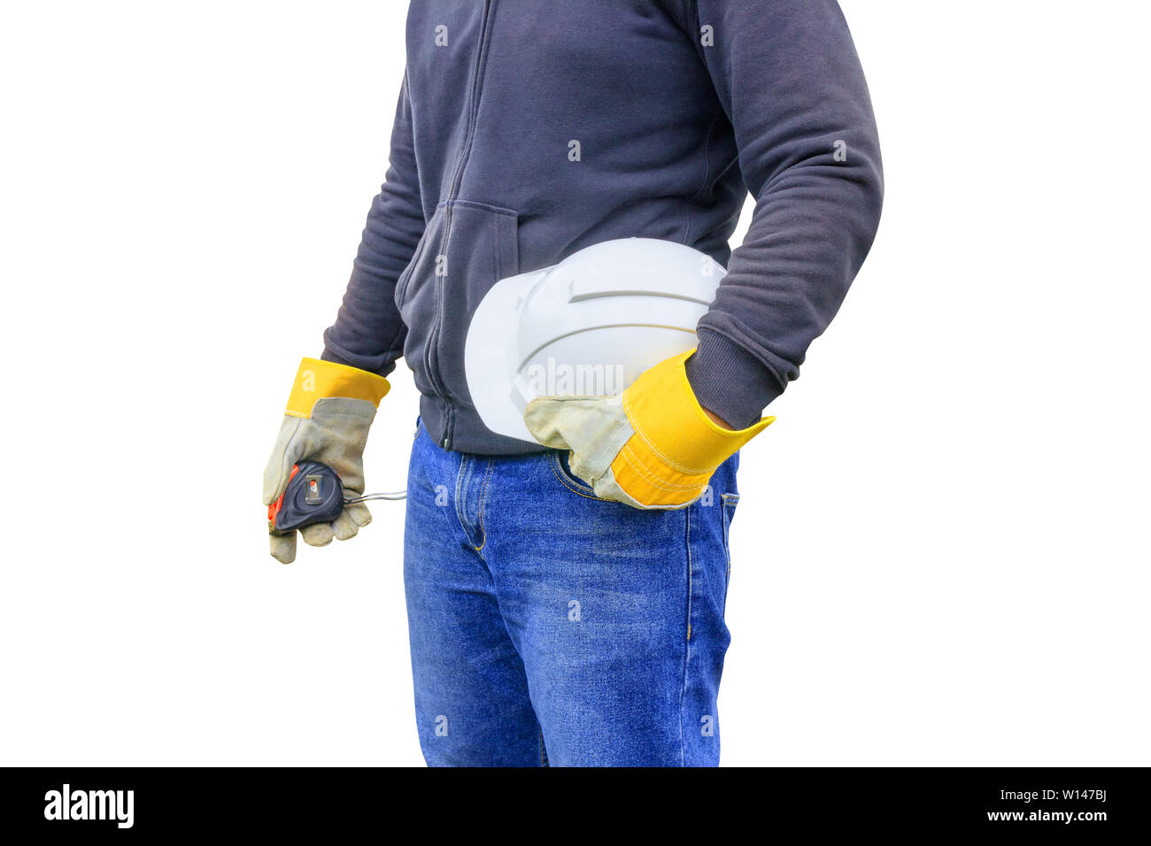hand of engineering worker wear gloves holding white safety helmet ...