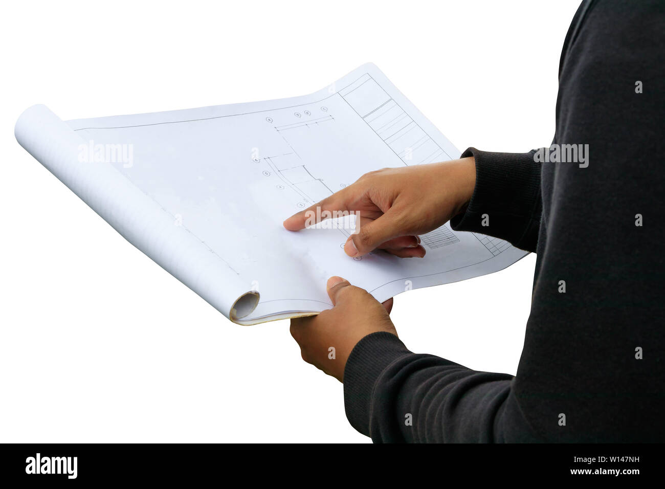 engineer finger point on paper plan blueprint in check building ...