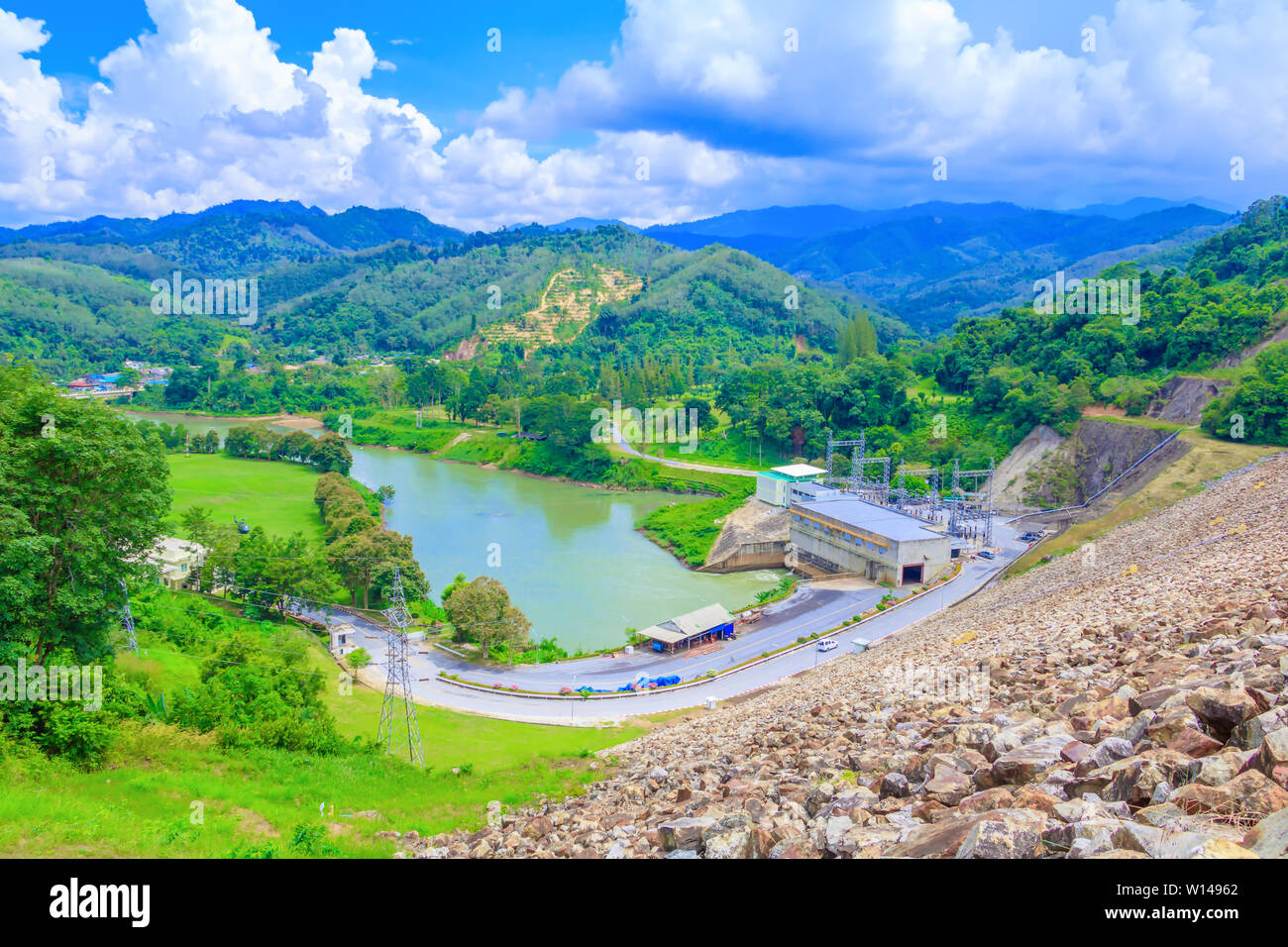 river in dam countryside for water Power generation. top view with copy ...
