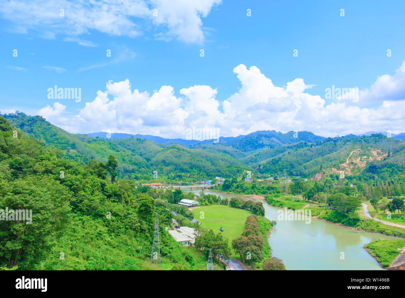 river in dam countryside for water Power generation. top view with copy ...