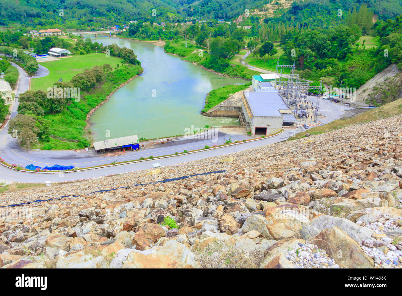 river in dam countryside for water Power generation. top view with copy ...