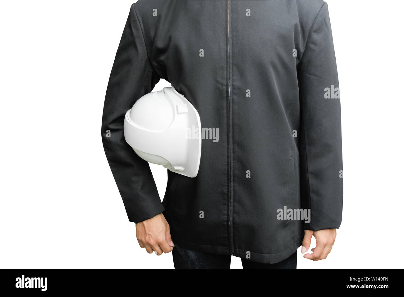 hand of engineering worker holding white safety helmet plastic ...