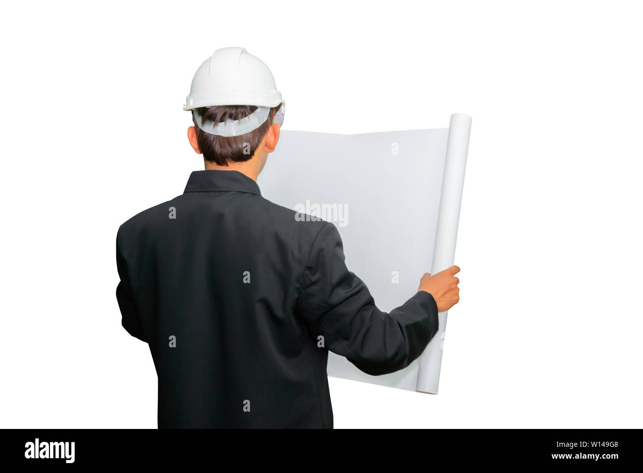 hand of engineering holding paper plan blueprint and wear white safety ...