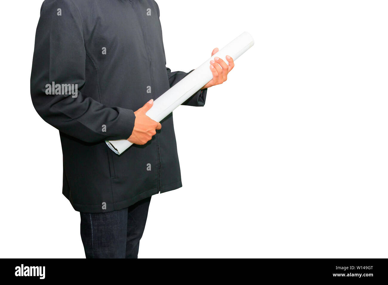 hand of engineering holding paper plan blueprint in construction ...