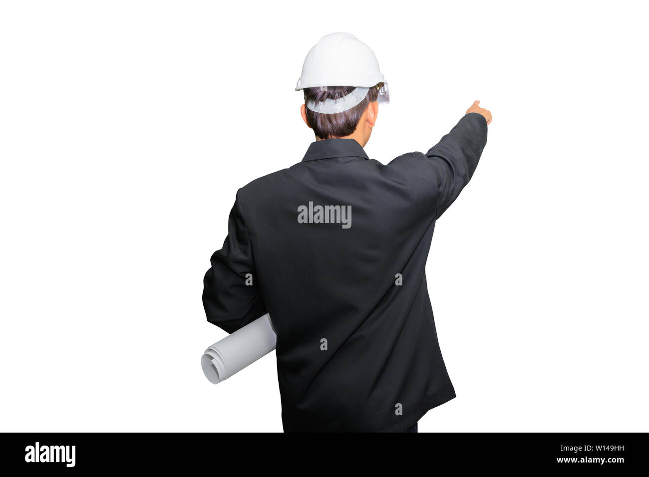 hand of engineering holding paper plan blueprint and wear white safety ...
