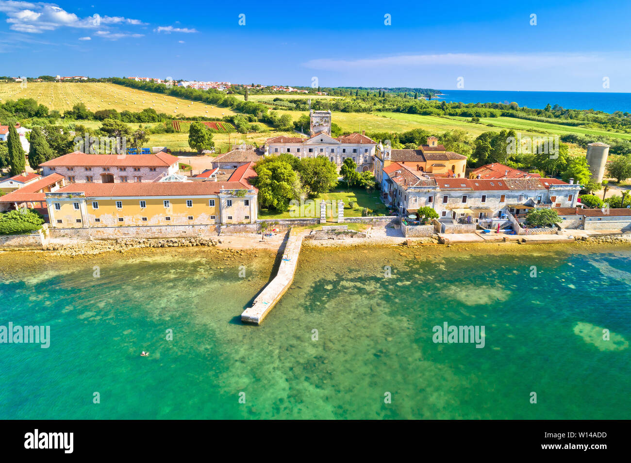 Dajla abandoned convent aerial panoramic coastline view, Istria region ...