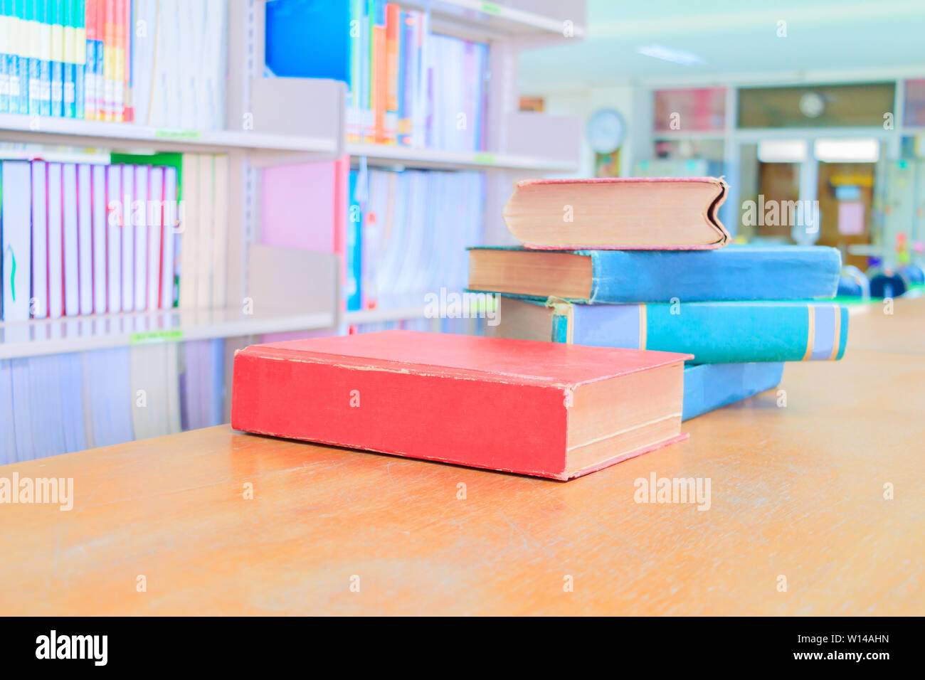 old book red - green. heap are interior library school on wooden table ...