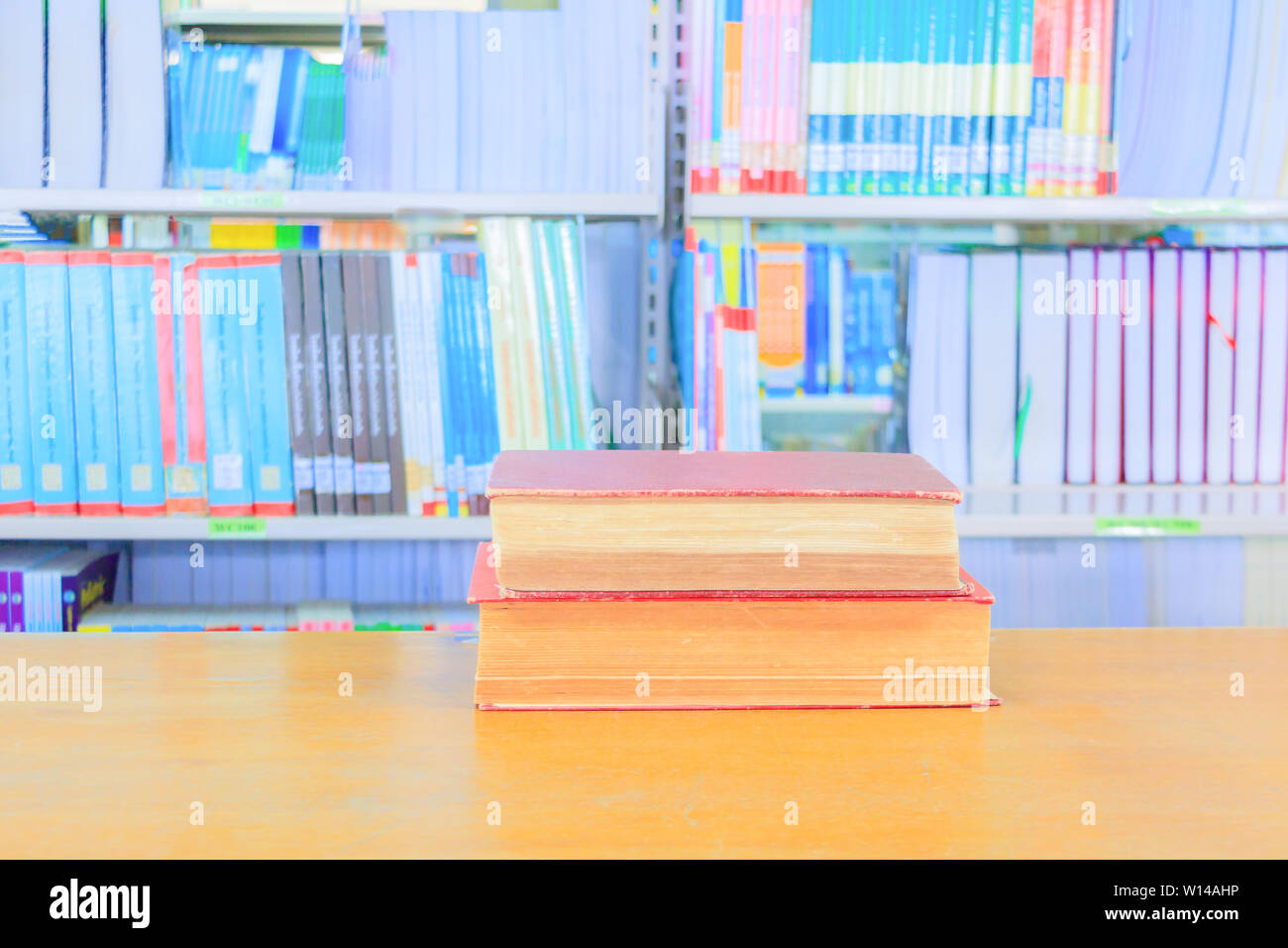 old book red - green. heap are interior library school on wooden table ...