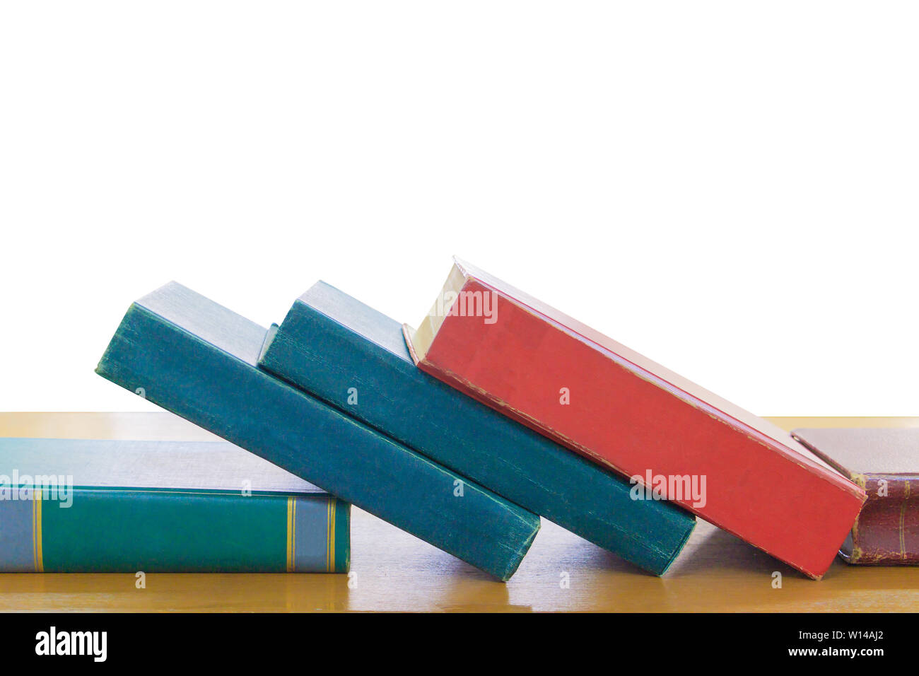 old book red - green. heap are interior library school on wooden table ...