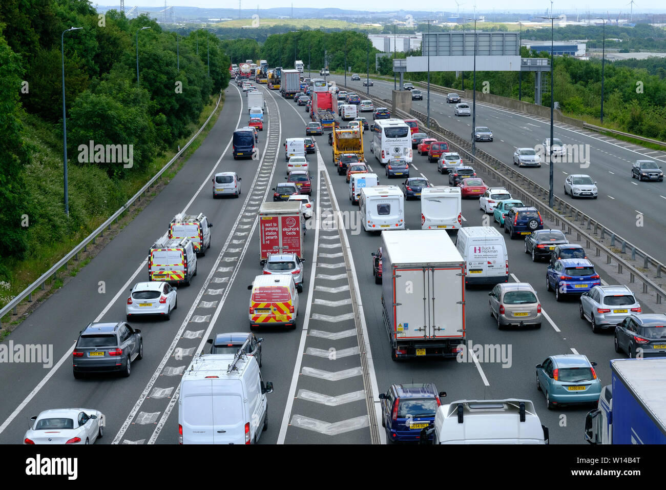 Traffic congestion on the M4 eastbound at Newport, South Wales Stock ...