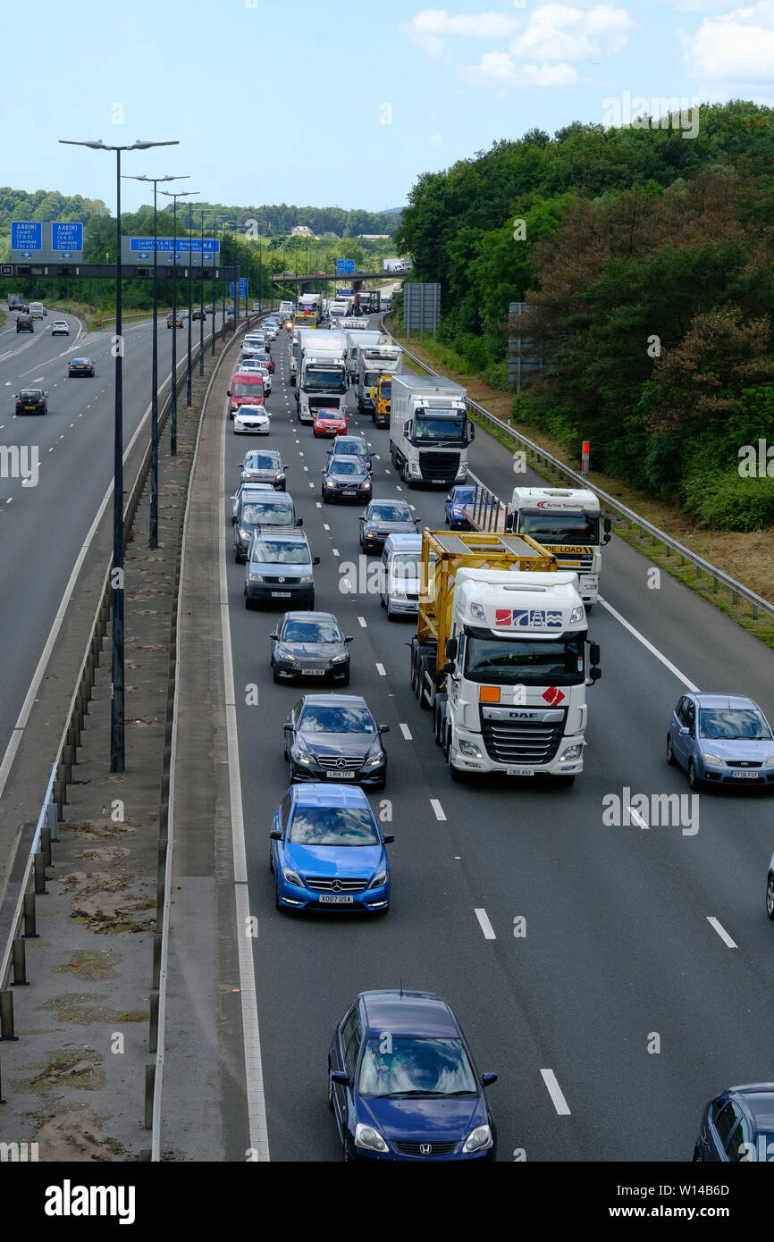 Traffic congestion on the M4 eastbound at Newport, South Wales Stock ...