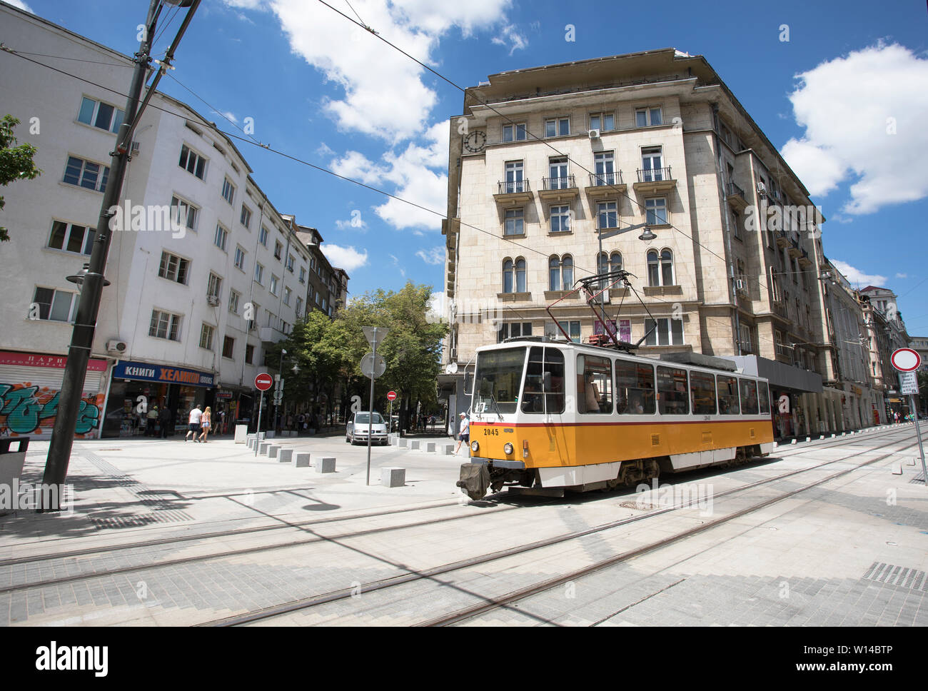 SOFIA, BULGARIA - JUNE 30, 2019: Renovated `Slaveikov` square in Sofia ...