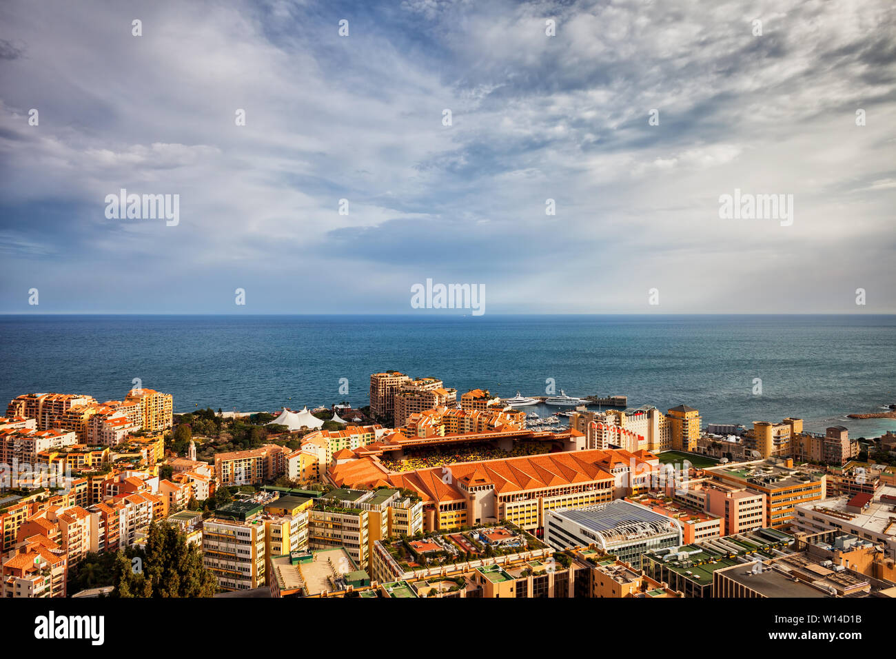 Monaco principality cityscape, aerial view with stadium in the middle ...