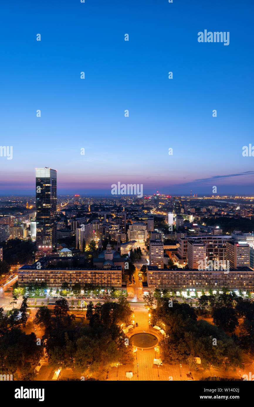 City of Warsaw in Poland, downtown cityscape, aerial view at blue hour ...