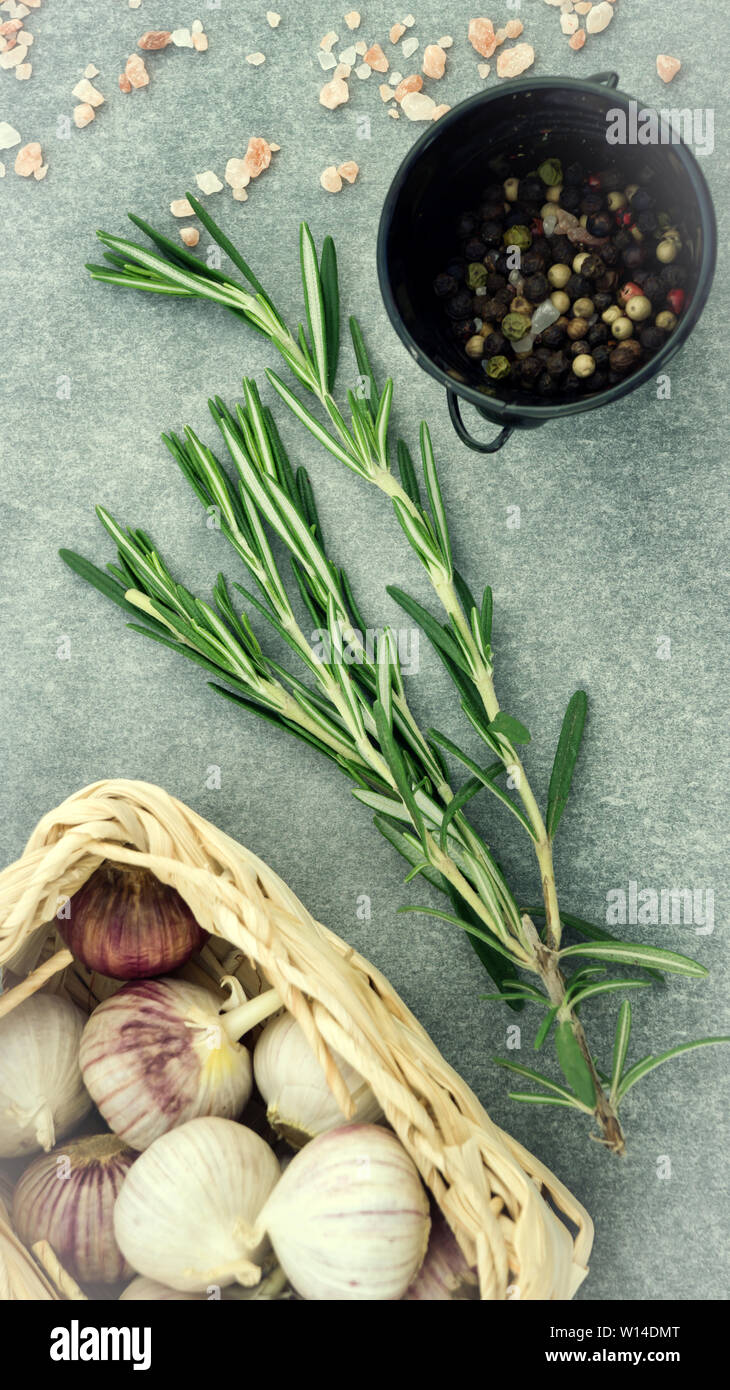 Top view rosemary condiments ingredients garlic and seasoning Stock ...