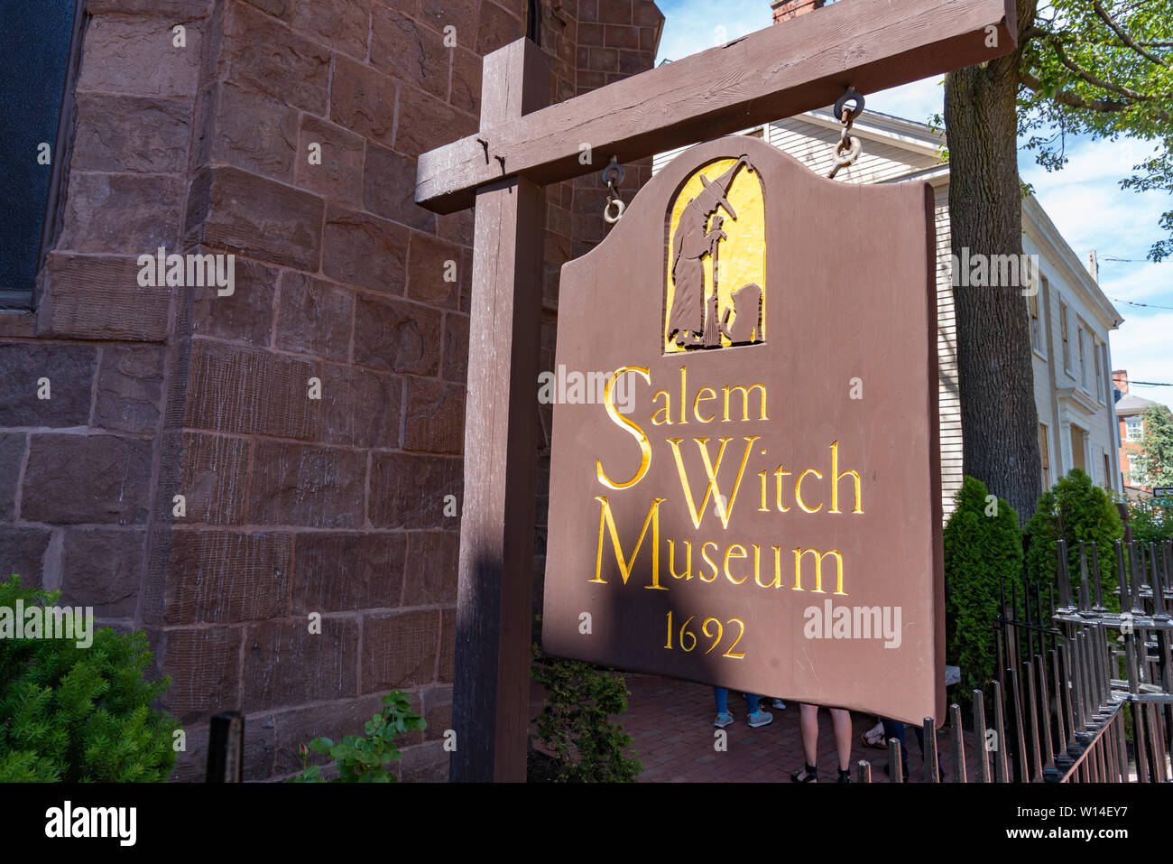 Salem, MA - June 8, 2019: Sign outside of the Salem Witch Museum which ...