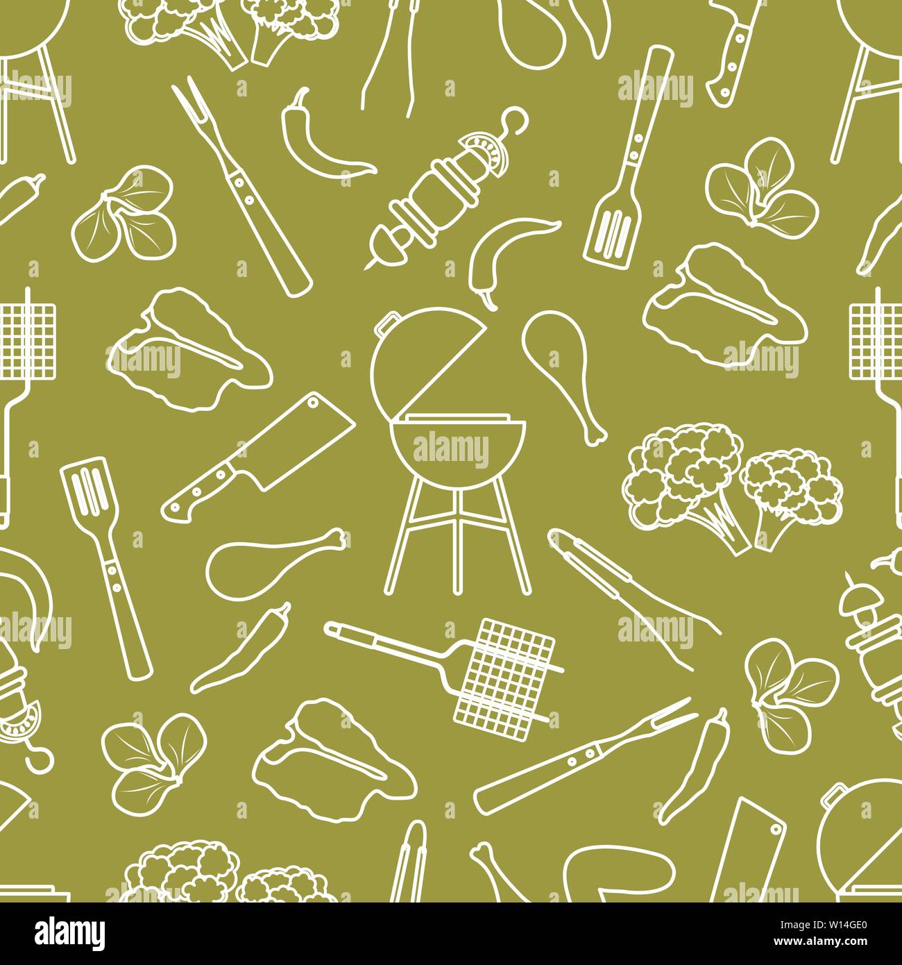 Seamless pattern with grill and barbecue tools, food. BBQ party ...
