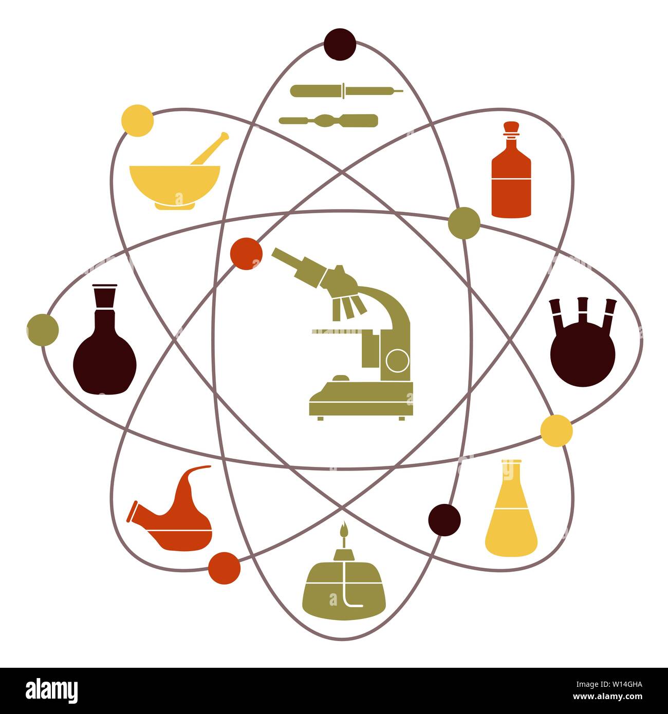 Vector illustration with atomic structure, glassware flasks, burner ...