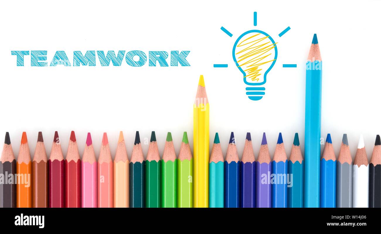 Closeup of coloured pencils lined up in a row on white background copy ...