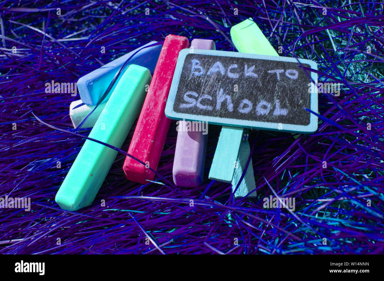 Back to school background with colorful neon colored crayons, on purple ...