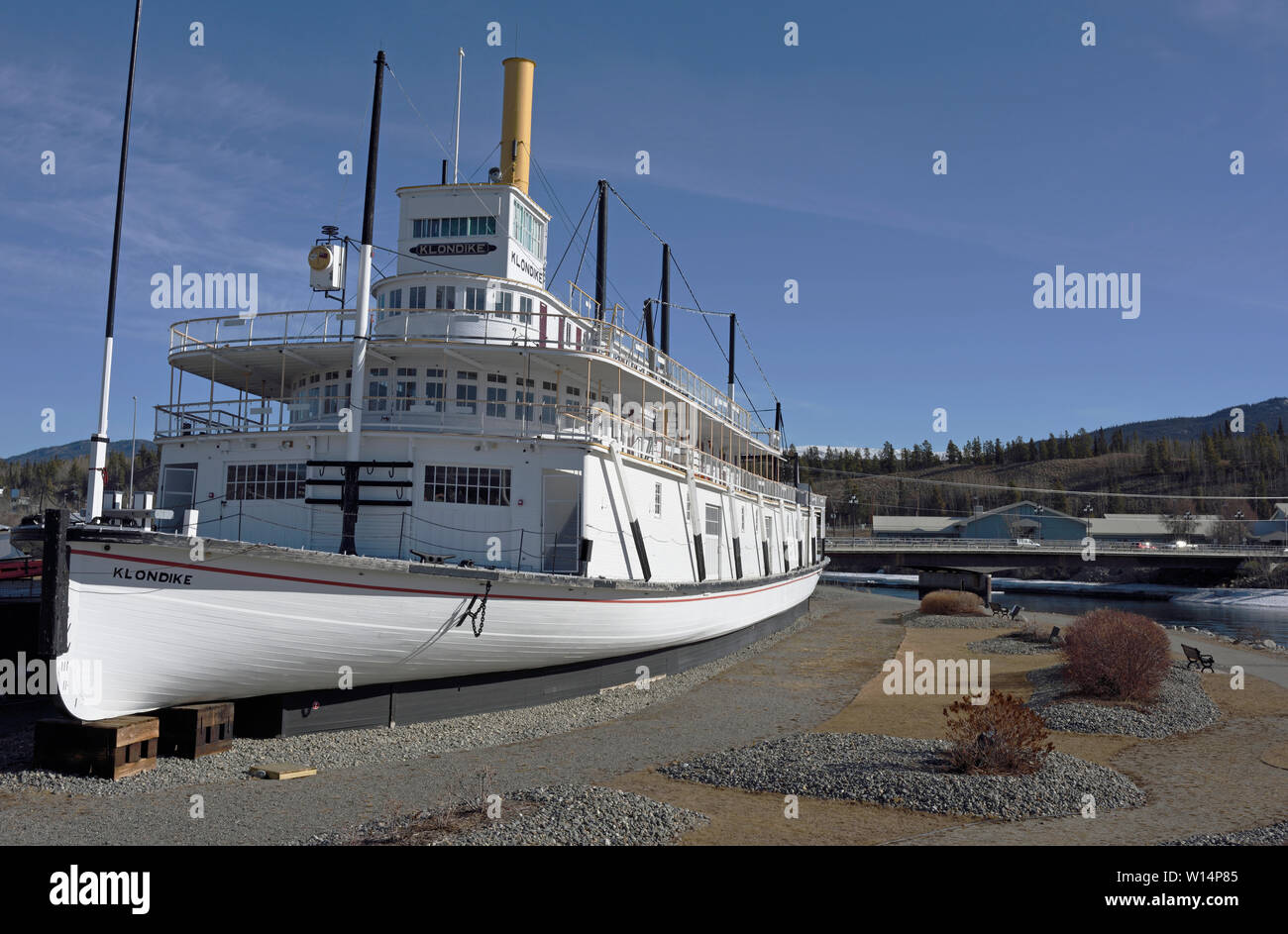 The historic paddle ship SS Klondike moored on the banks of the River ...
