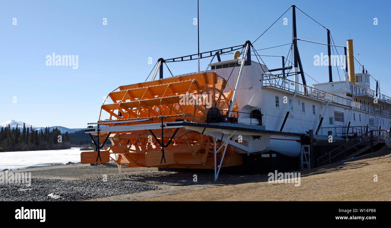 The historic paddle ship SS Klondike moored on the banks of the River ...