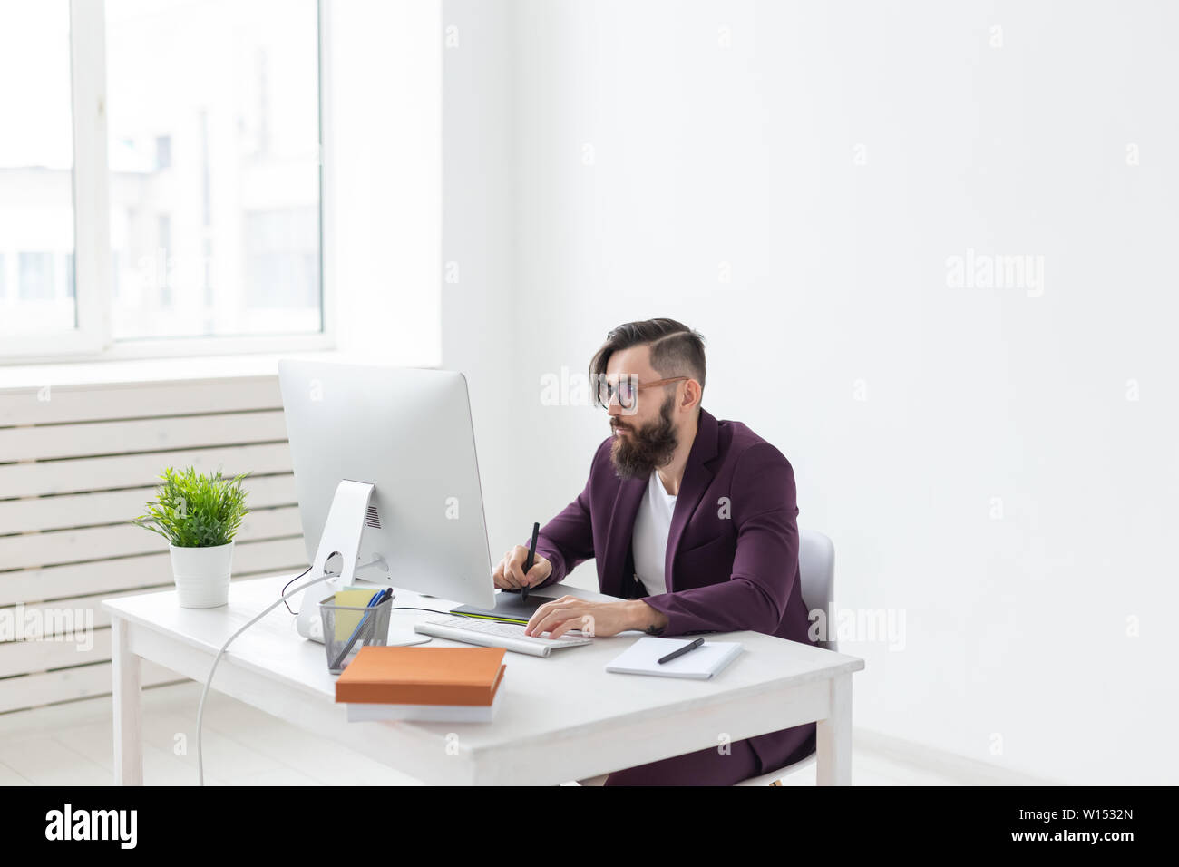 People, designer and technology concept - Man illustrator with ...