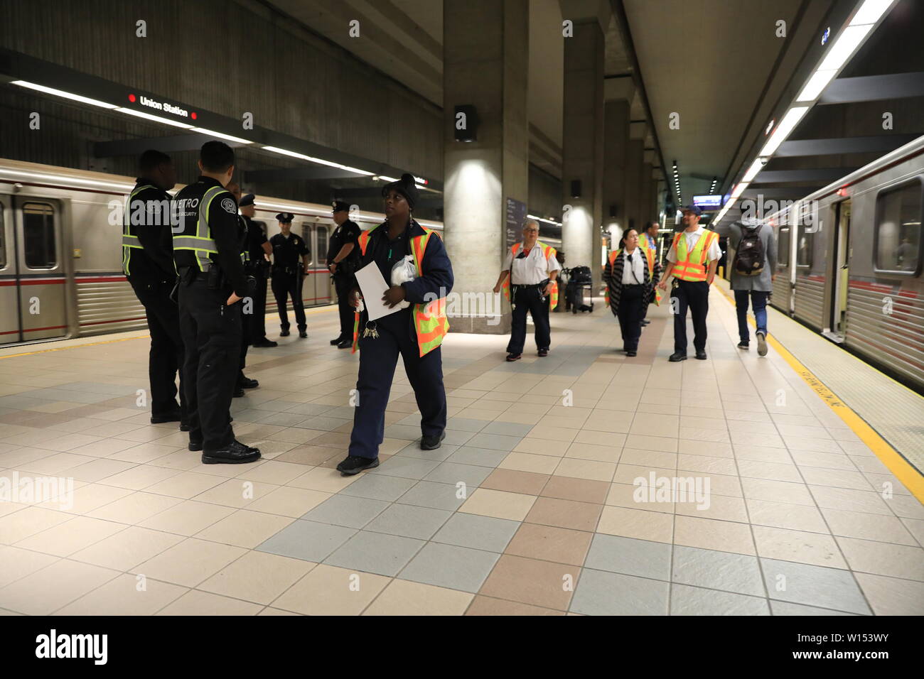 Policeman and security workers at the Union Station in Los Angeles ...
