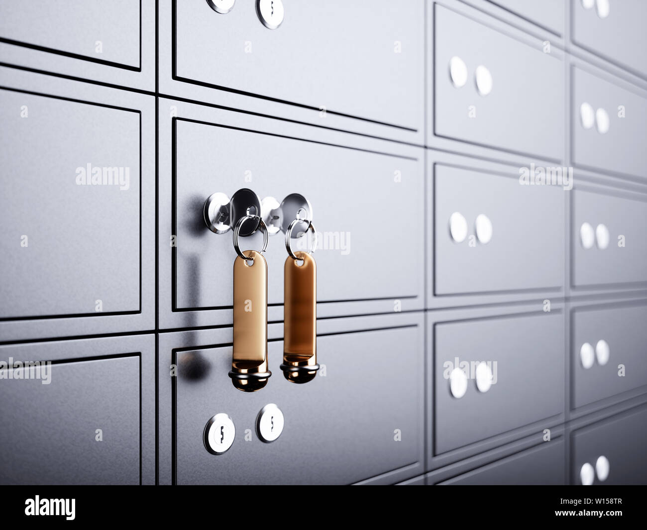 Deposit box with key and golden blank label. 3d rendering illustration ...