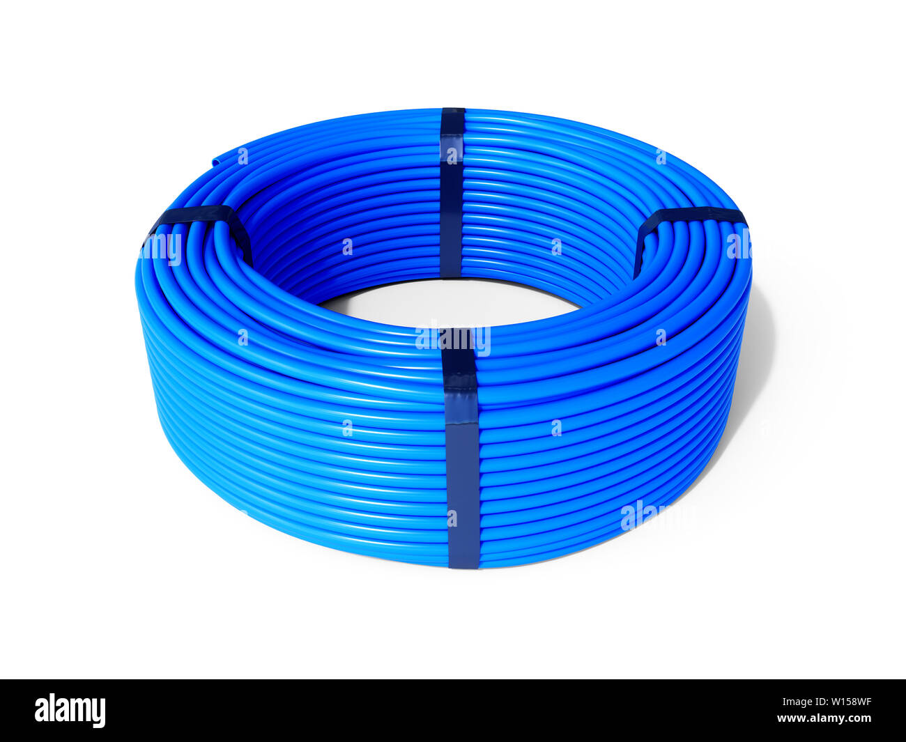 Blue plastic rolled hose pipe or cable isolated on white background. 3d ...