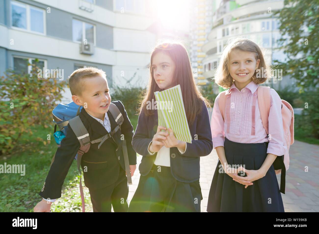 Outdoor portrait of smiling schoolchildren in elementary school. Group ...