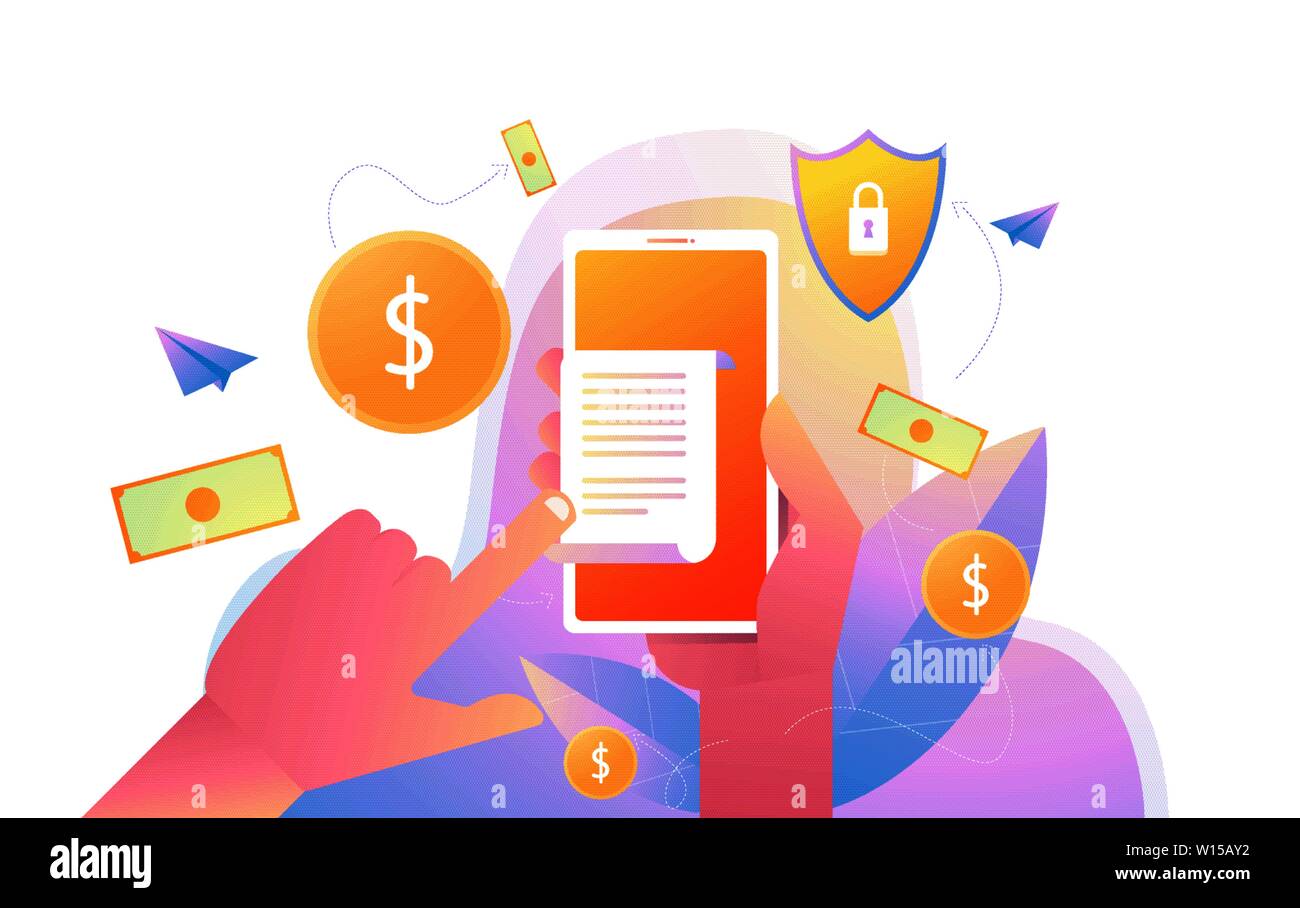 Hand holding smartphone with invoice bill paper , flat style mobile ...