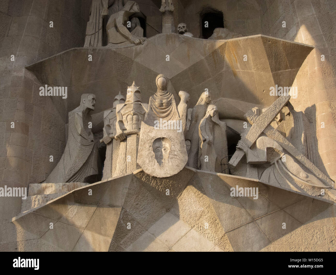 Crucifixion of Christ depicted by Gaudi in Cubist style, over the rear ...