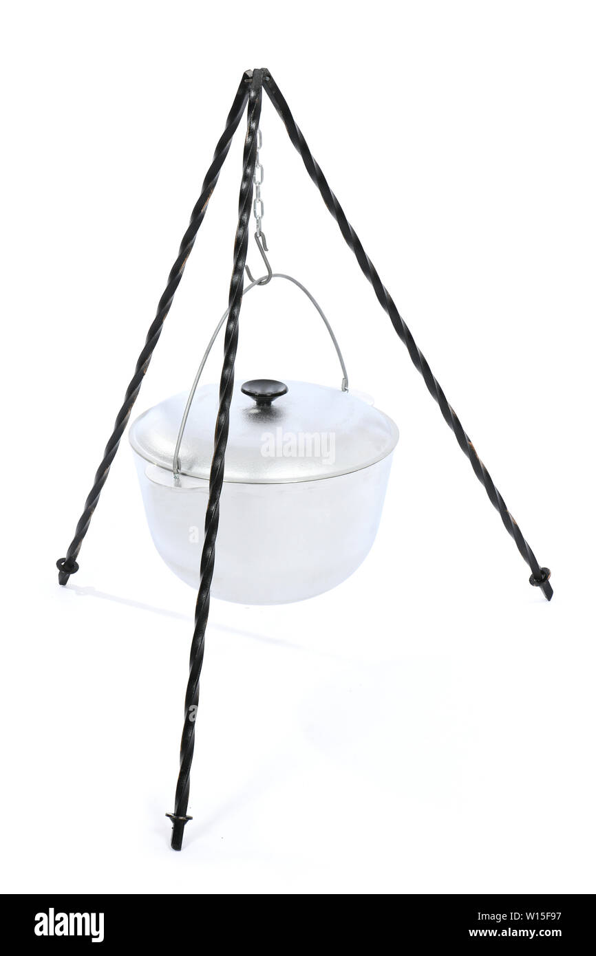 Cast-iron cauldron with cover for camping isolated on white background ...