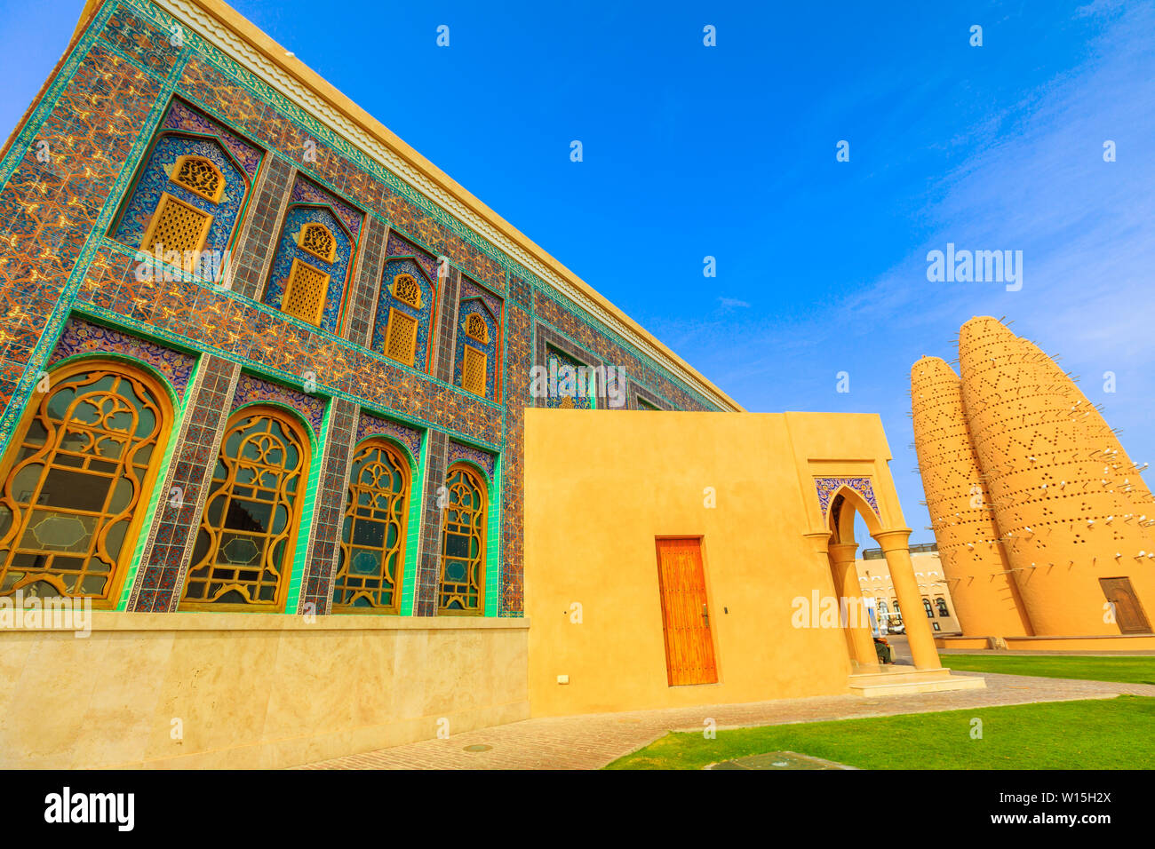 Perspective view of Mosque in Katara with pigeon towers. Katara is a ...