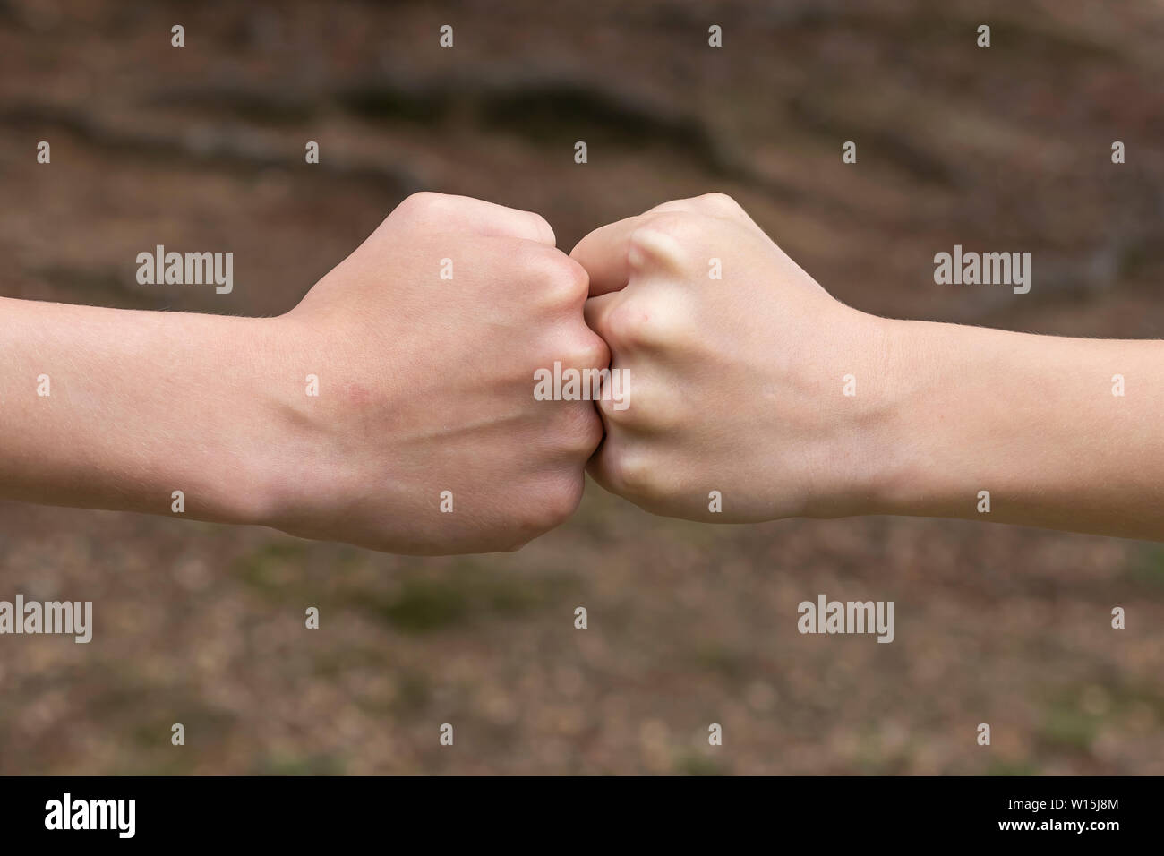 Two children's fists hit each other in the forest and the park. The ...