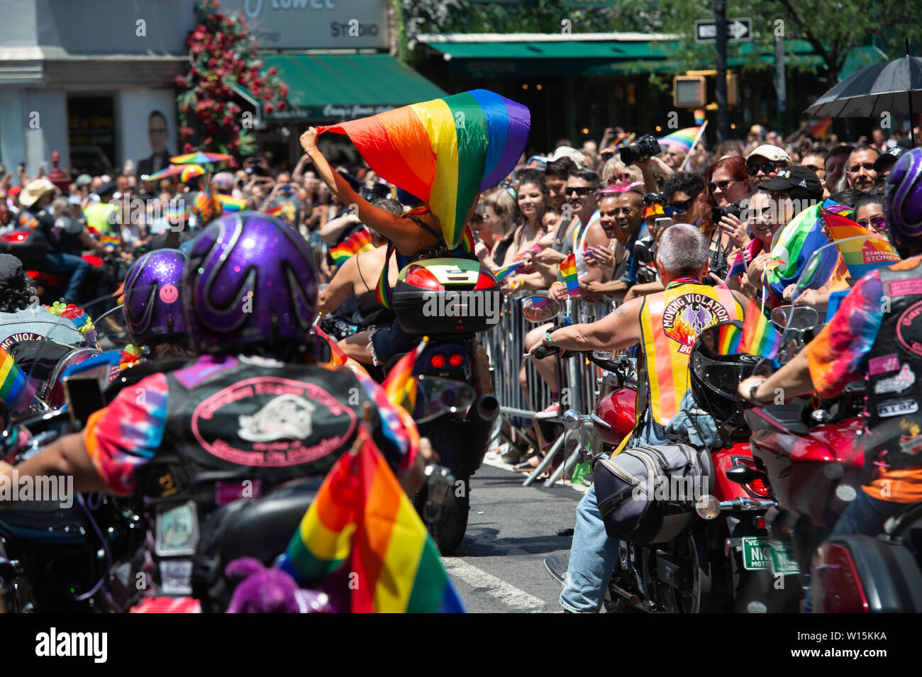 New York, NY, USA. 30th June, 2019. Motorcycle riders celebrate during ...