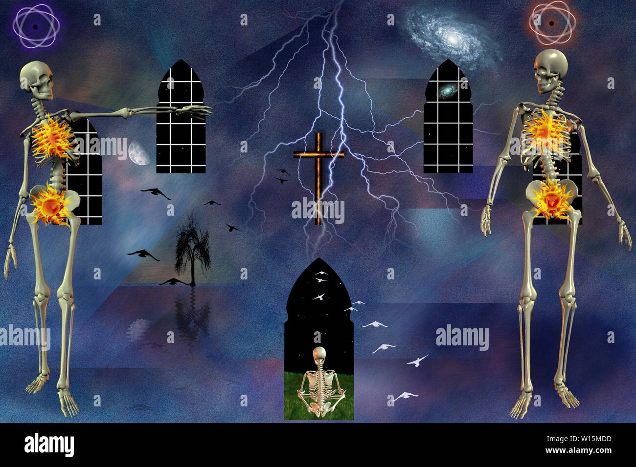 Spiritual composition with skeletons, atoms and ancient windows. Life ...