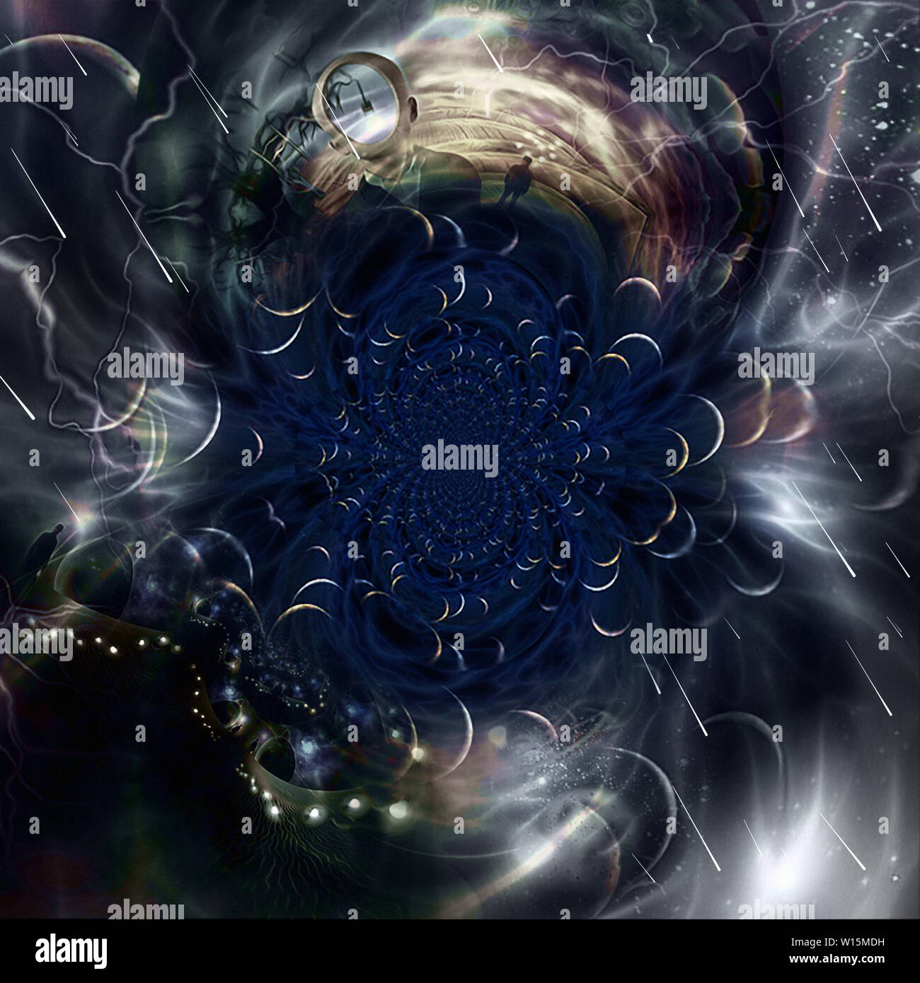 Modern creative abstract. Endless space. Planets in fractal dimensions ...