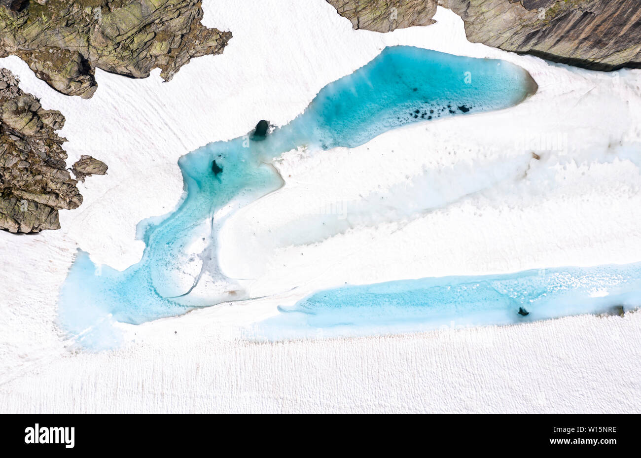 Aerial view, drone shot, Lac d'Orny , frozen lake near hut Cabane d ...