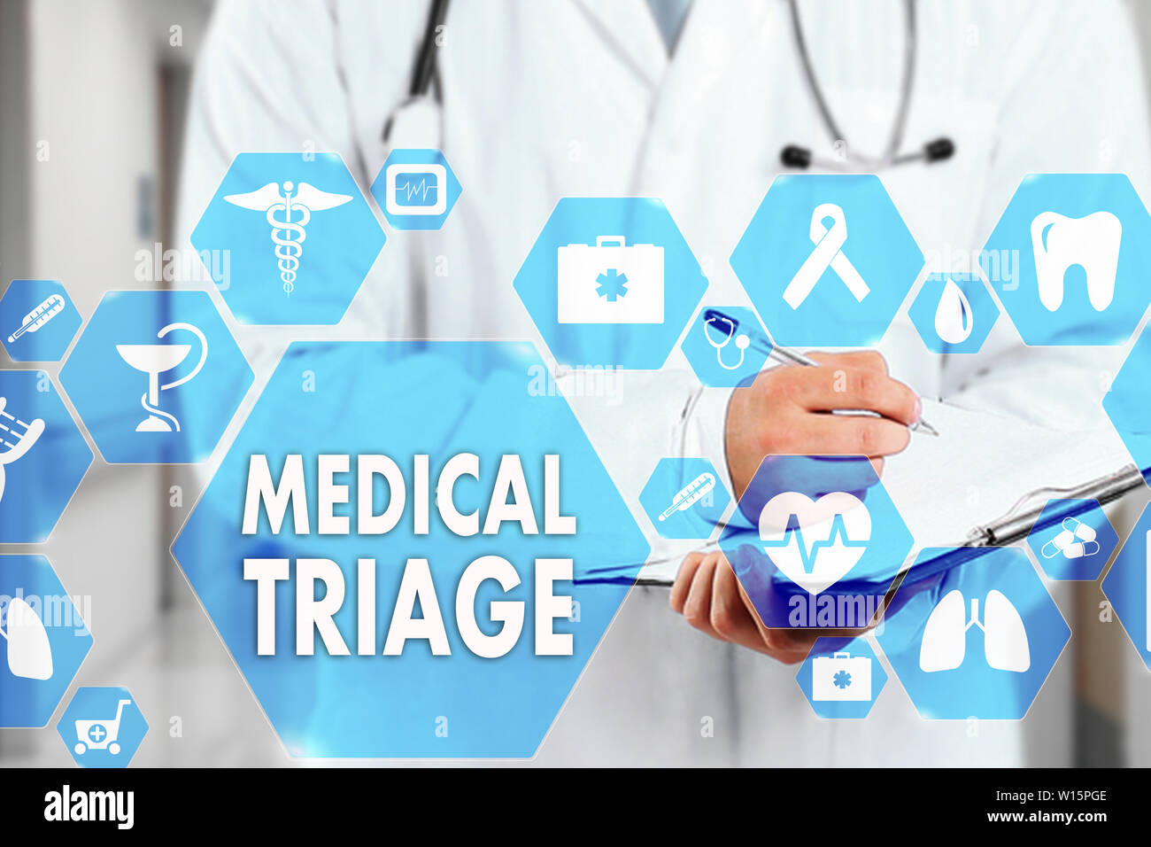 Medical Doctor with stethoscope and MEDICAL TRIAGE sign in Medical ...