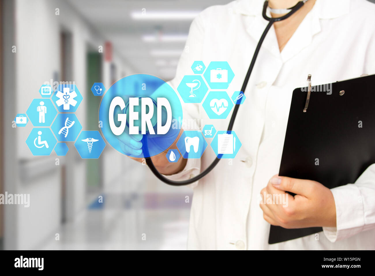 Medical Doctor with stethoscope and word GERD, Gastroesophageal reflux ...