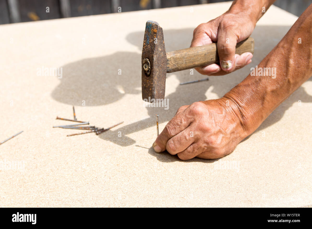 Old hammer and nail in the hands of an elder man. Carpenter hammers a ...