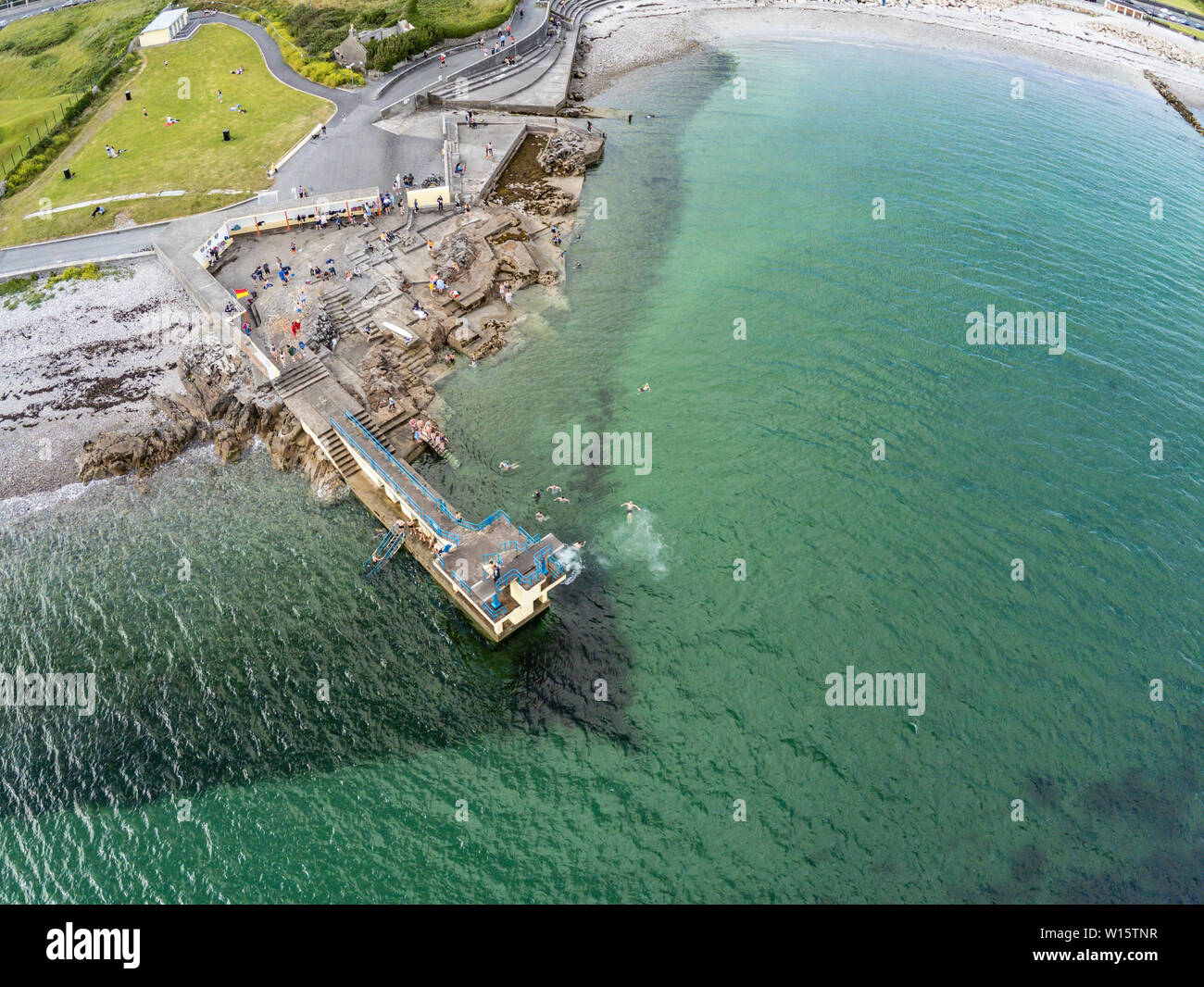 Aerial view of Blackrock beach with Diving tower in Salthill, Galway ...