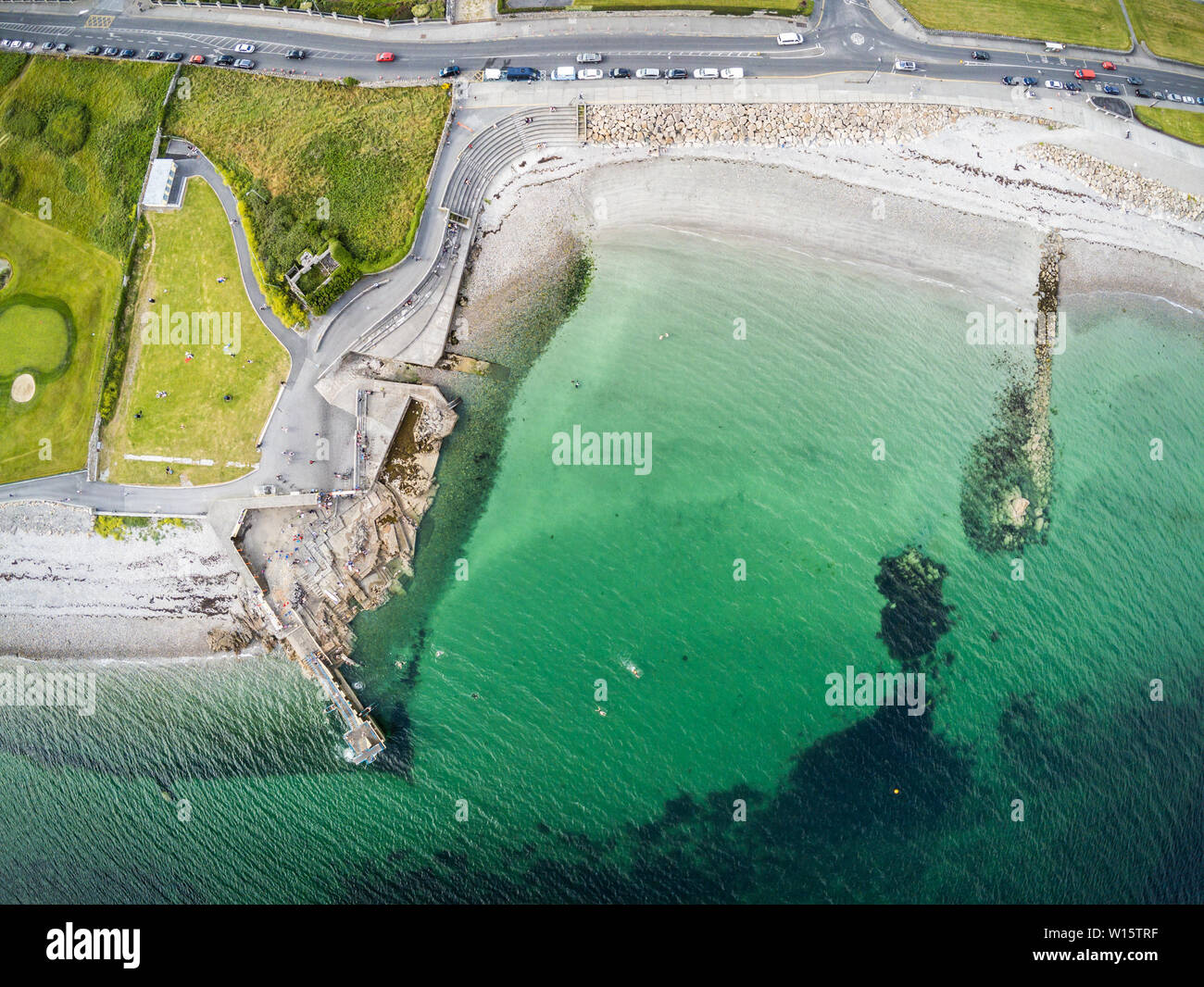 Aerial view of Blackrock beach with Diving tower in Salthill, Galway ...